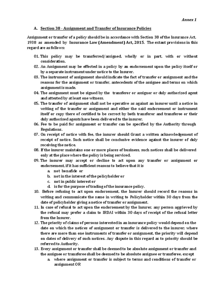 A. Section 38 - Assignment and Transfer of Insurance Policies | PDF ...