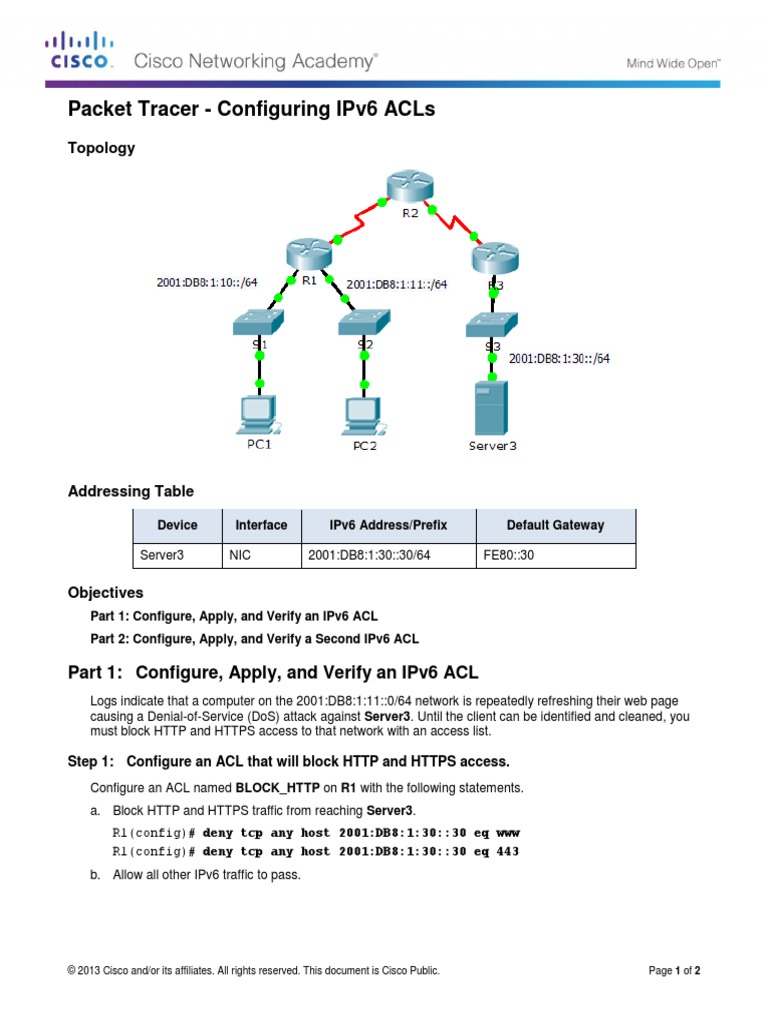 9.5.2.6 Packet Tracer - Configuring IPv6 ACLs Instructions PDF | PDF | I Pv6 | Denial Of Service ...