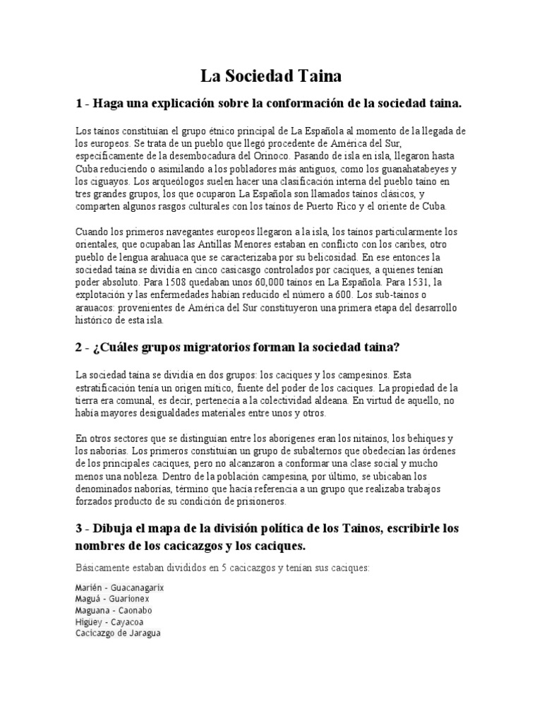 Preguntas de La Sociedad Taina | PDF | Cristobal colon | Exploración de ...
