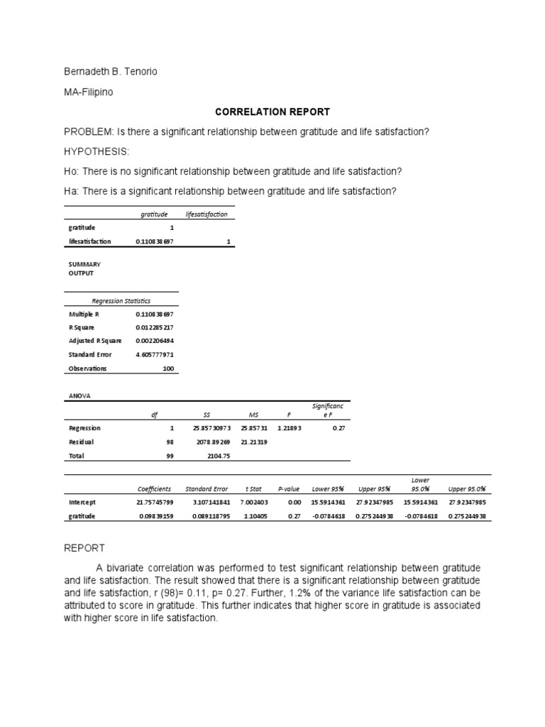 Correlation Report: Gratitude Lifesatisfaction | PDF