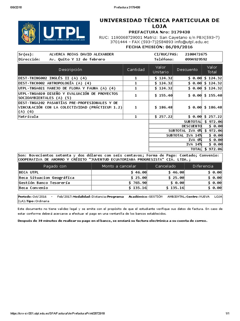 Prefactura UTPL | PDF | Business | Servicio financiero y comercial