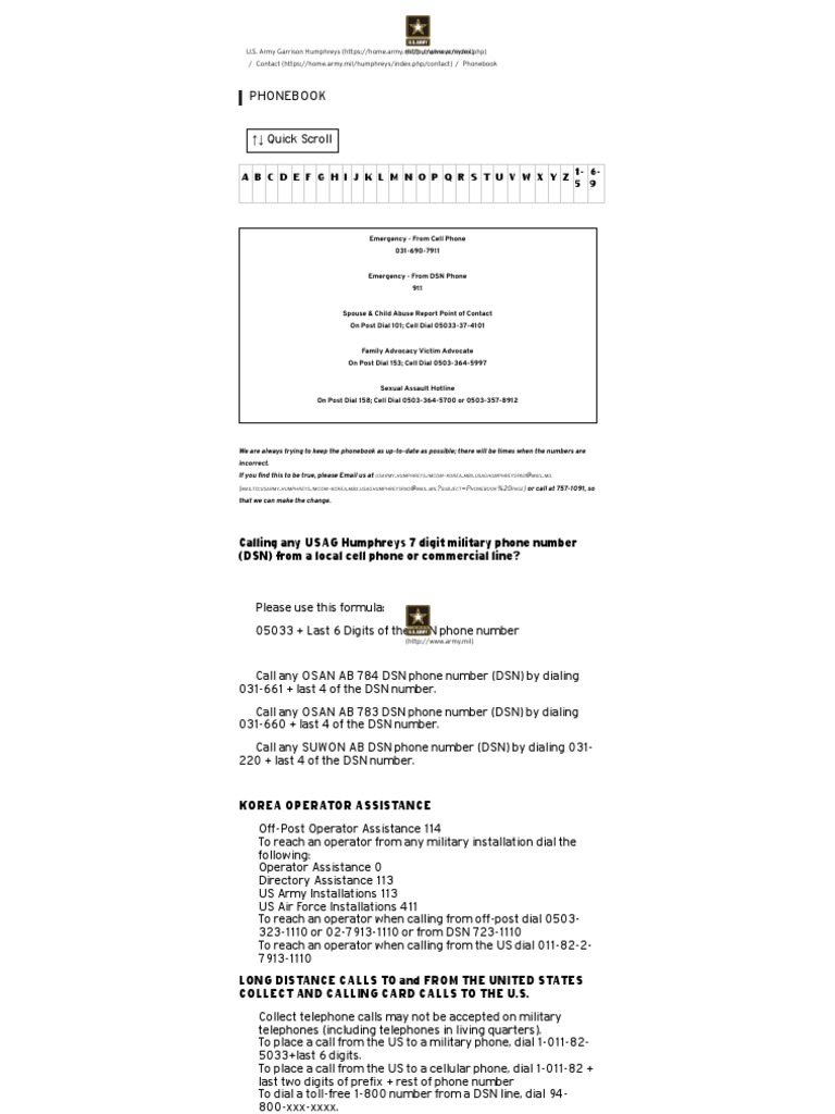 Camp Humphreys Phone Directory | PDF | Battalion | Telephone