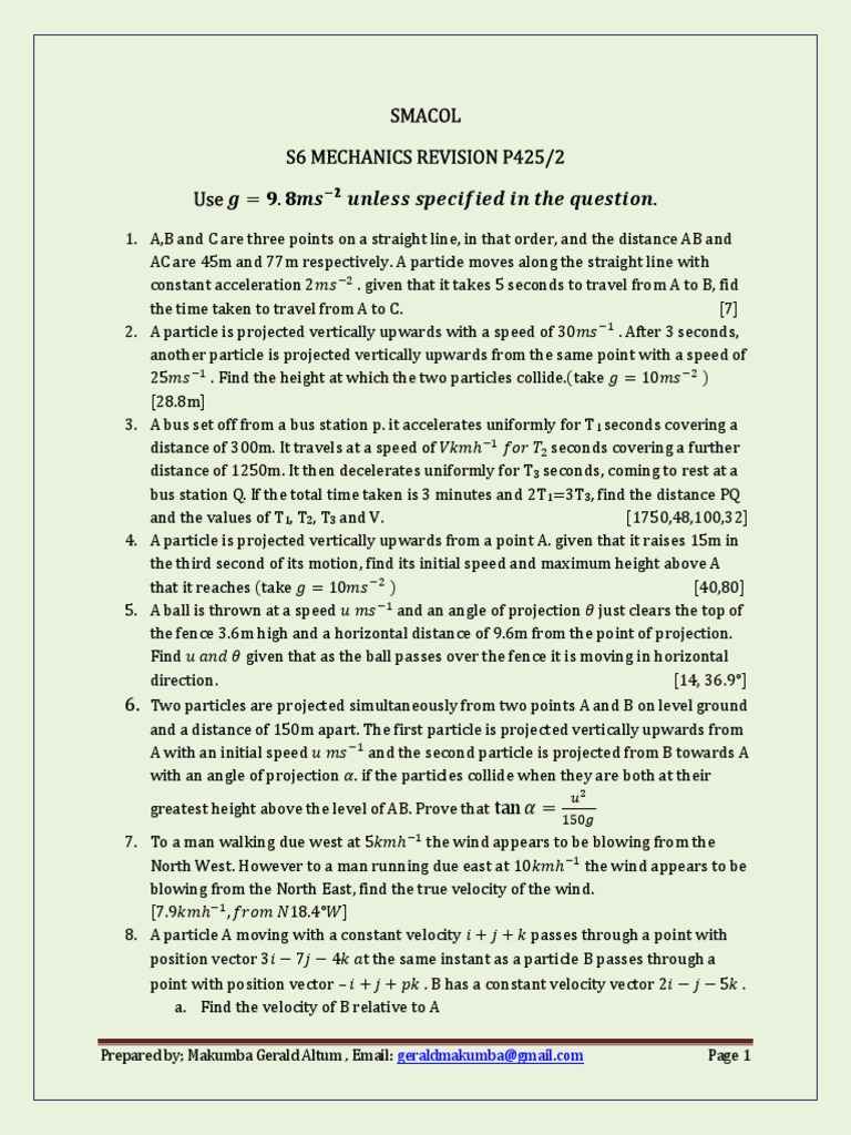 S6 Mechanics Revision Questions | PDF | Force | Mass