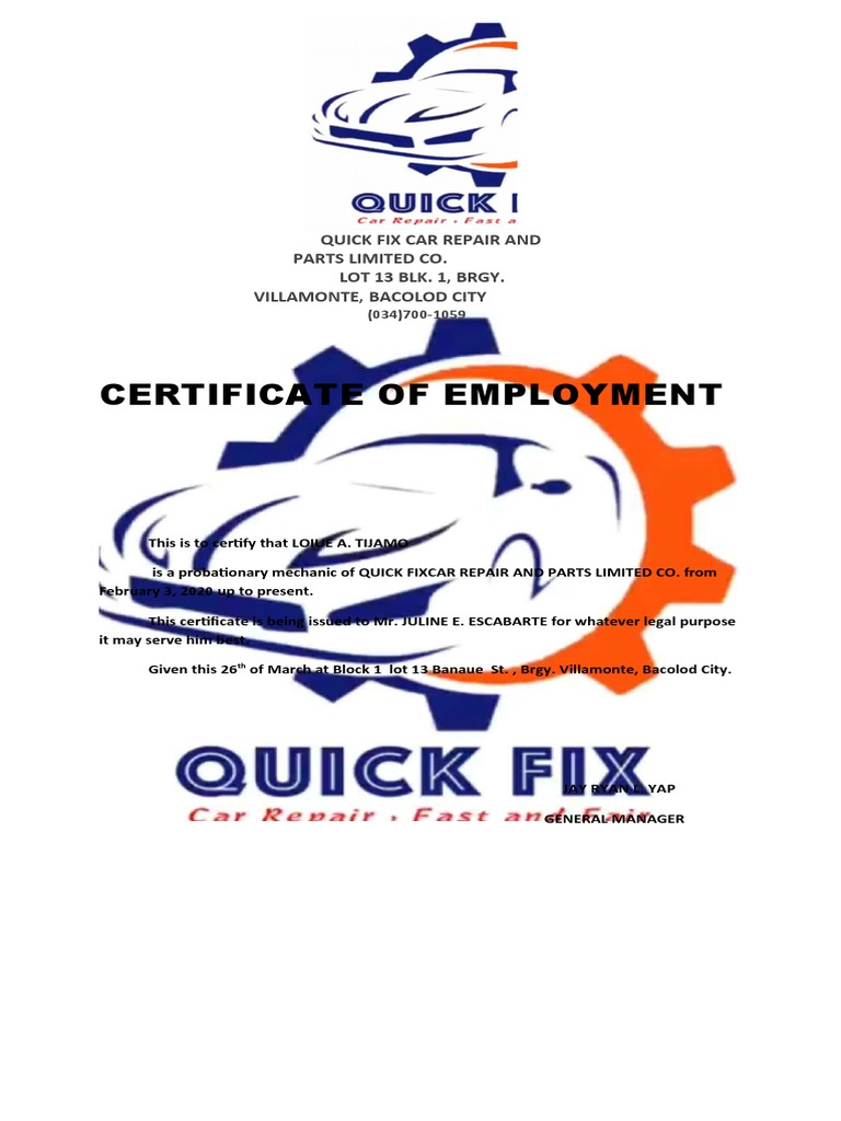 Quick Fix Car Repair Certificate Employment Mechanic | PDF