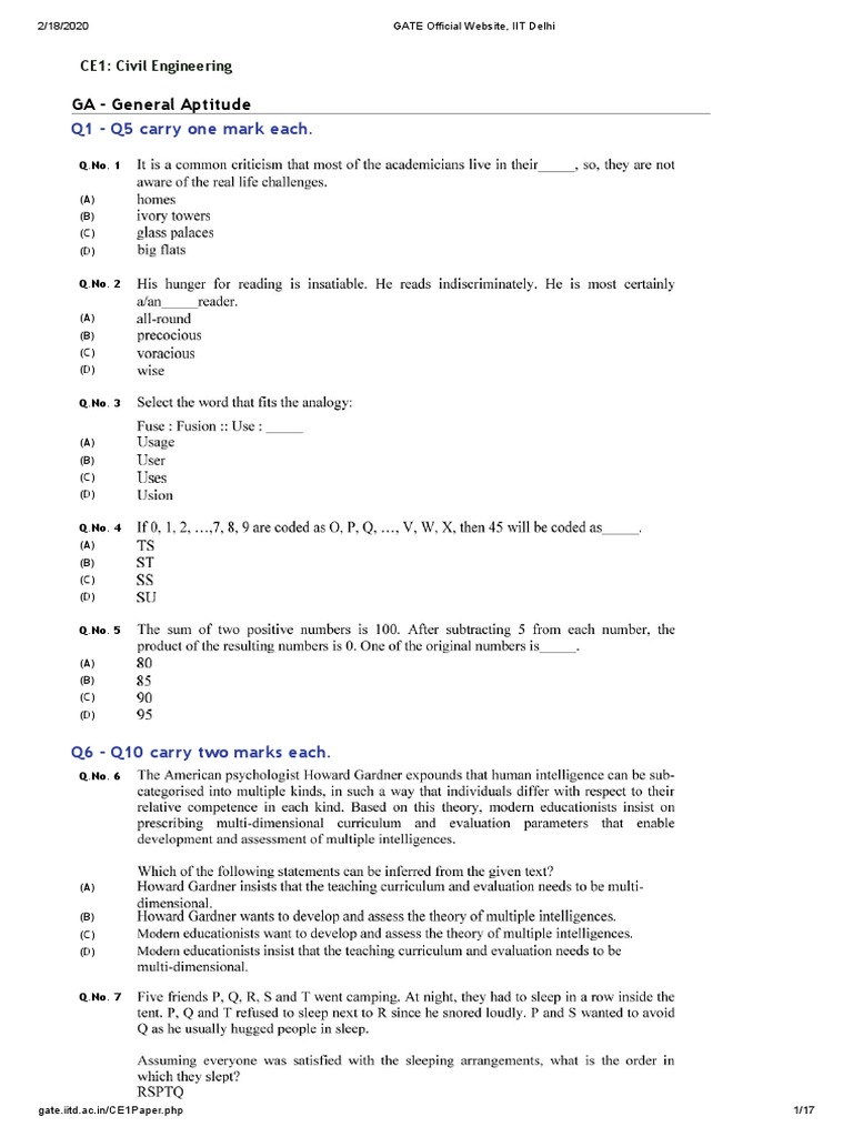 Q1 - Q5 Carry One Mark Each.: GA - General Aptitude | PDF