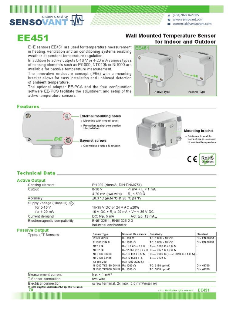 Wall Mounted Temperature Sensor For Indoor and Outdoor: Active Output ...