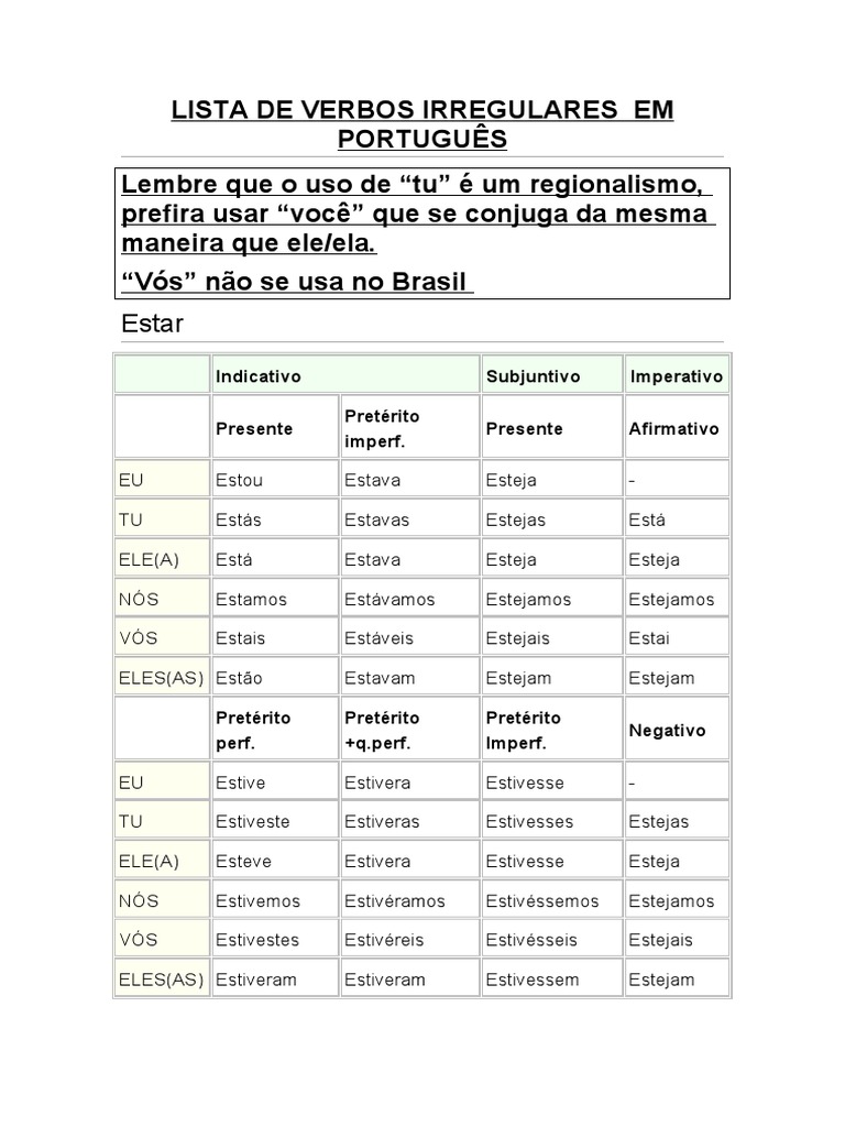 Lista de Verbos Irregulares em Português | PDF | Relaciones sintácticas ...