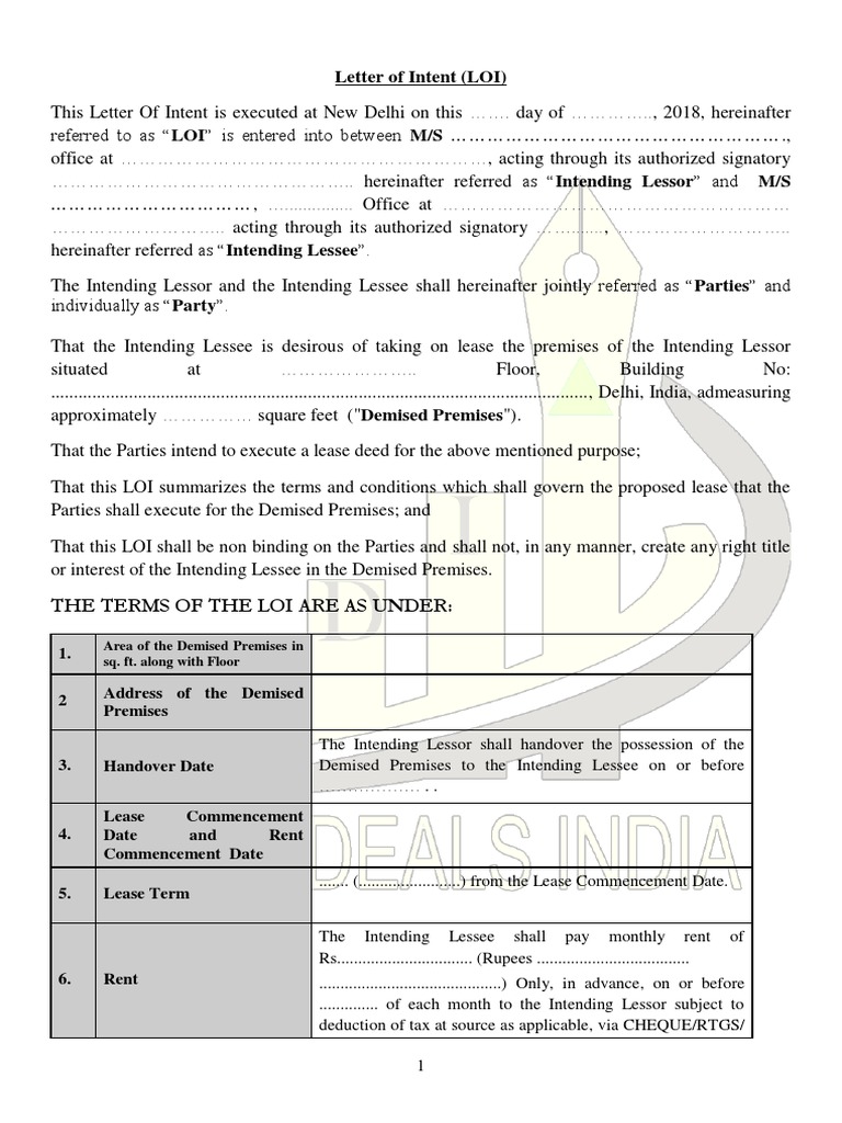 Letter of Intent (LOI) : The Terms of The Loi Are As Under | PDF ...
