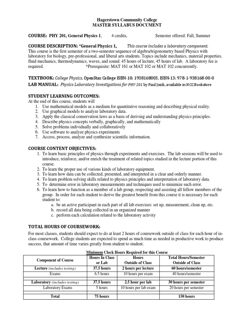 HCC PHY 201 General Physics 1 Syllabus | PDF | Laboratories | Physics