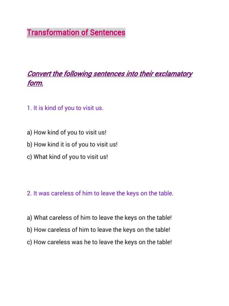 Transformation of Sentences: Convert The Following Sentences Into Their ...