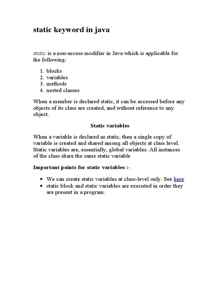 Static Keyword in Java: Static Is A Non-Access Modifier in Java Which Is Applicable For | PDF ...
