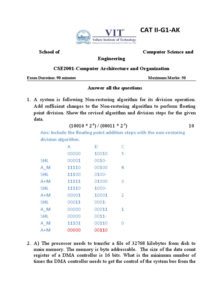 Cat Ii-G1-Ak: School of Computer Science and Engineering CSE2001-Computer Architecture and ...