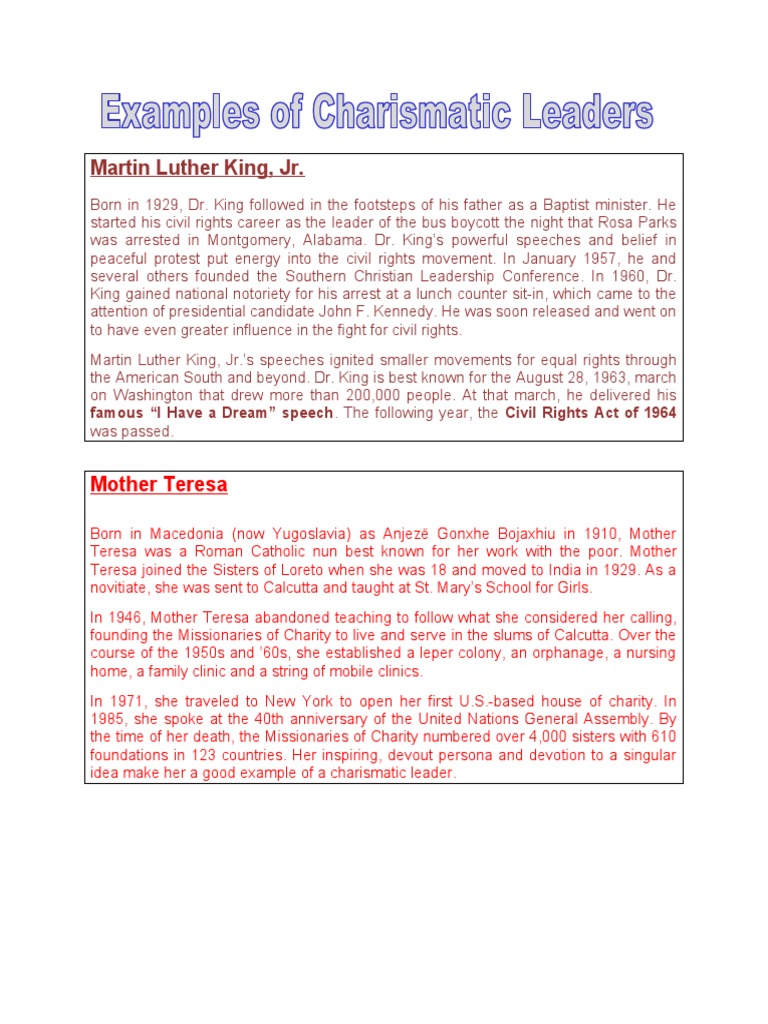 Examples of Charismatic Leaders | PDF | Mother Teresa | Martin Luther ...