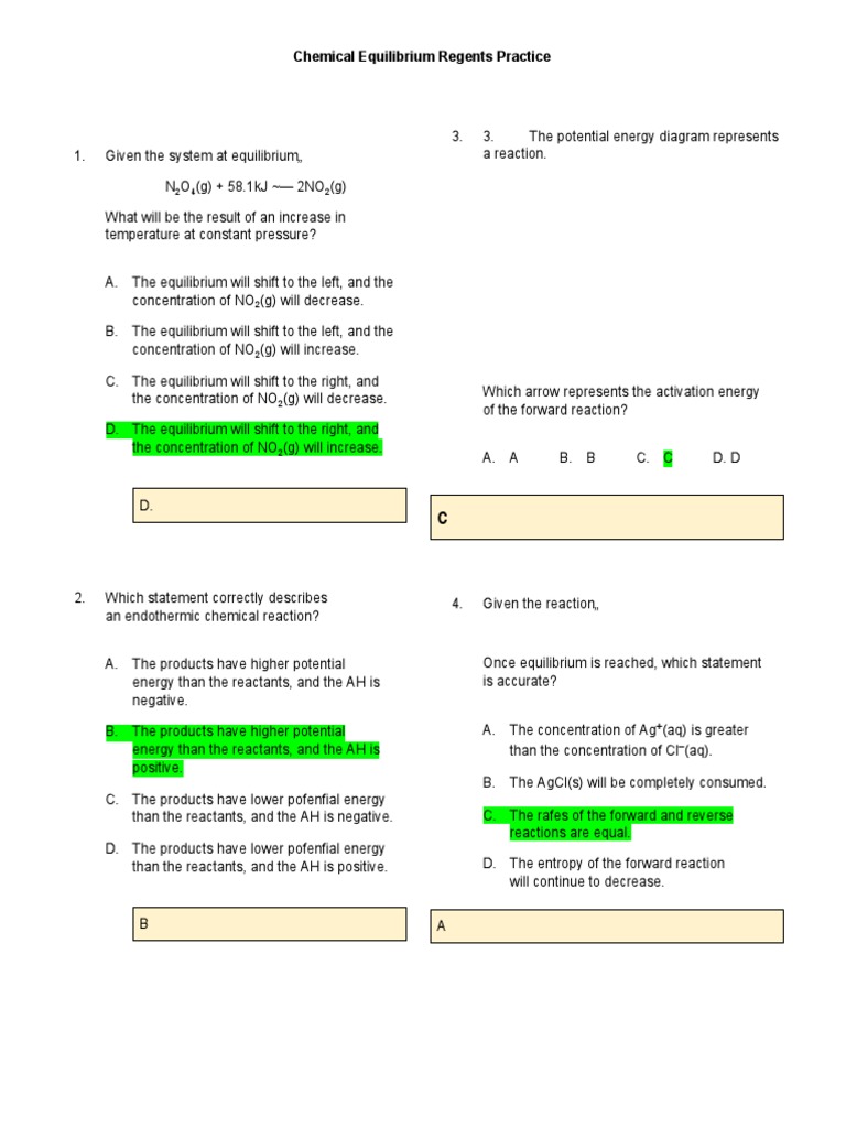 Chemical Equilibrium Practice Questions | PDF | Chemical Equilibrium ...