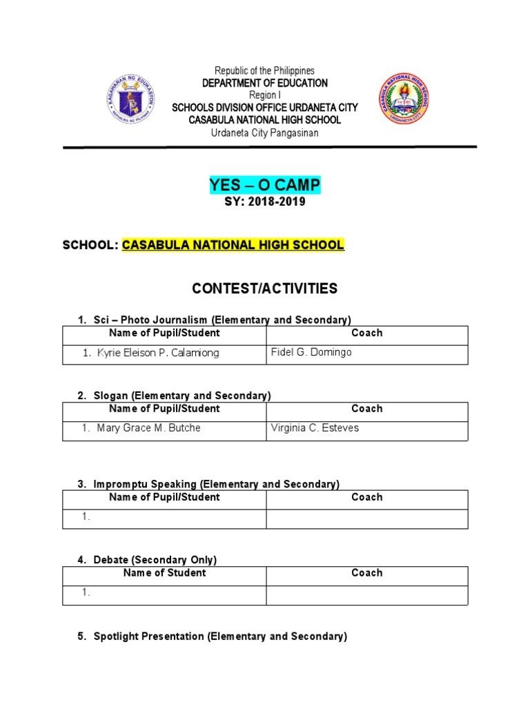 Yes o Camp Registration Form 2018 2019 | PDF | Students | Behavior ...