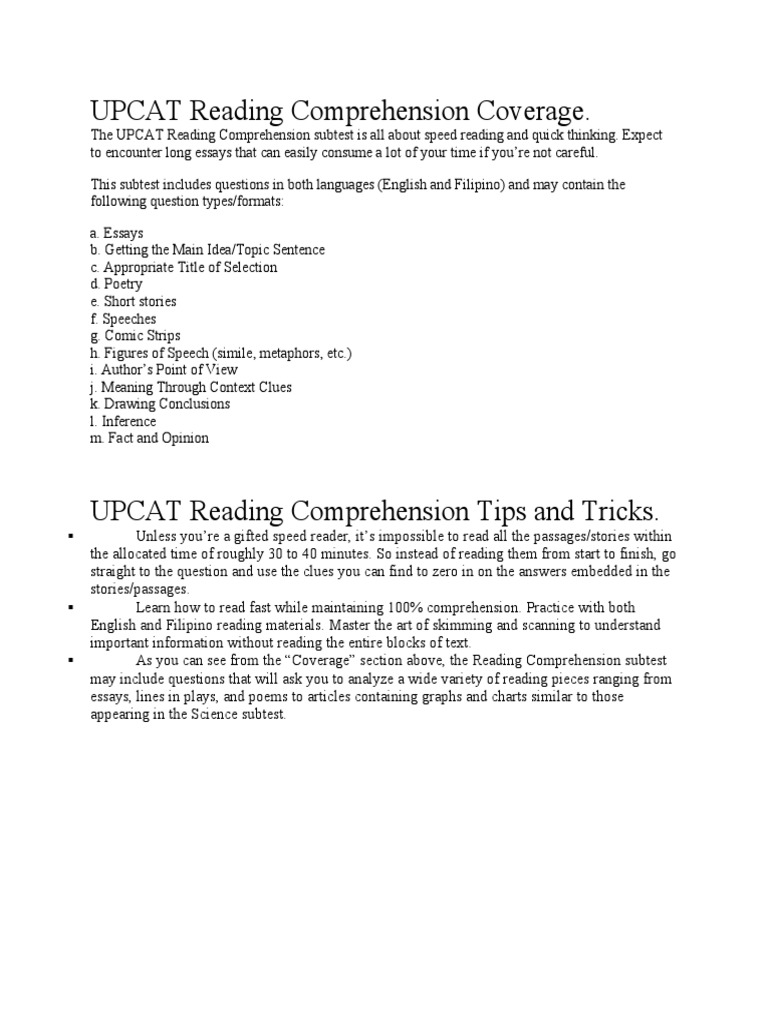 UPCAT Reading Comprehension Coverage | PDF