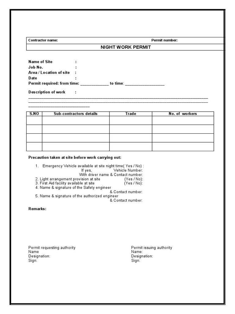 Night Work Permit for Construction | PDF