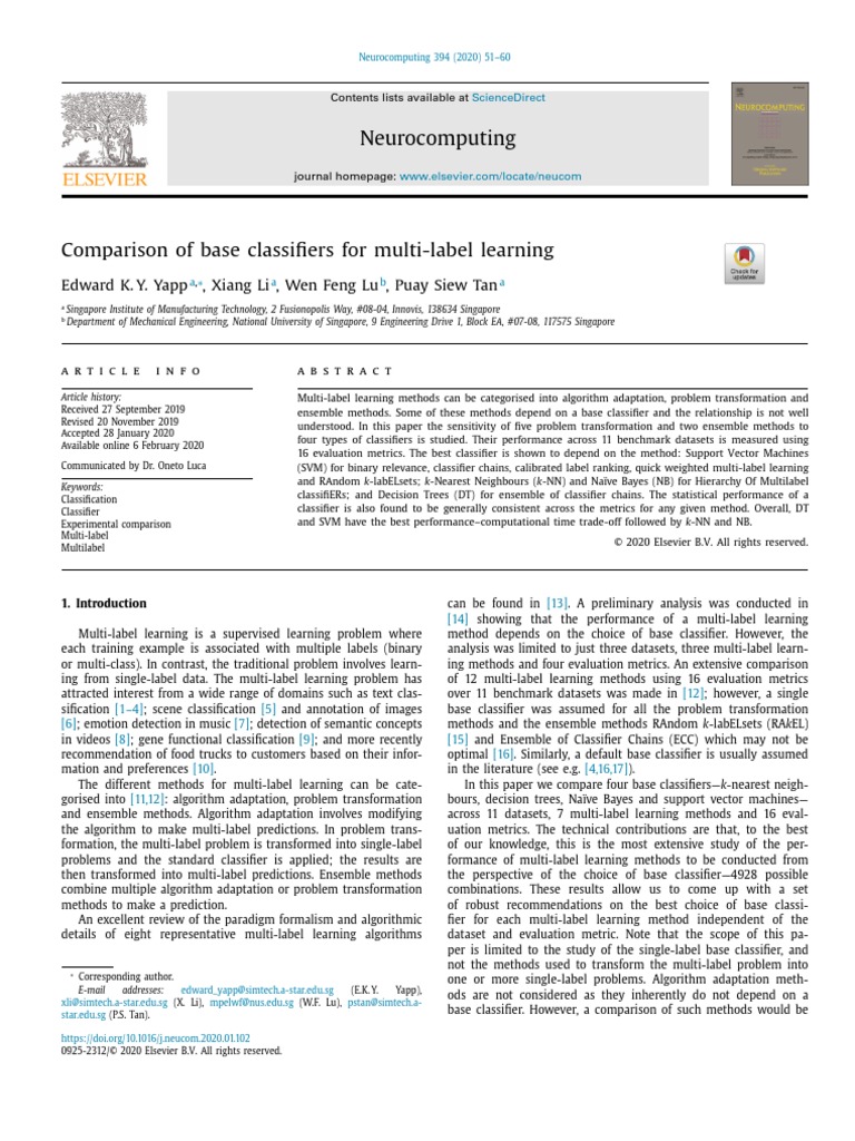 Comparison of Base Classifiers For Multi Label Learning - 2020 - Neurocomputing | PDF ...