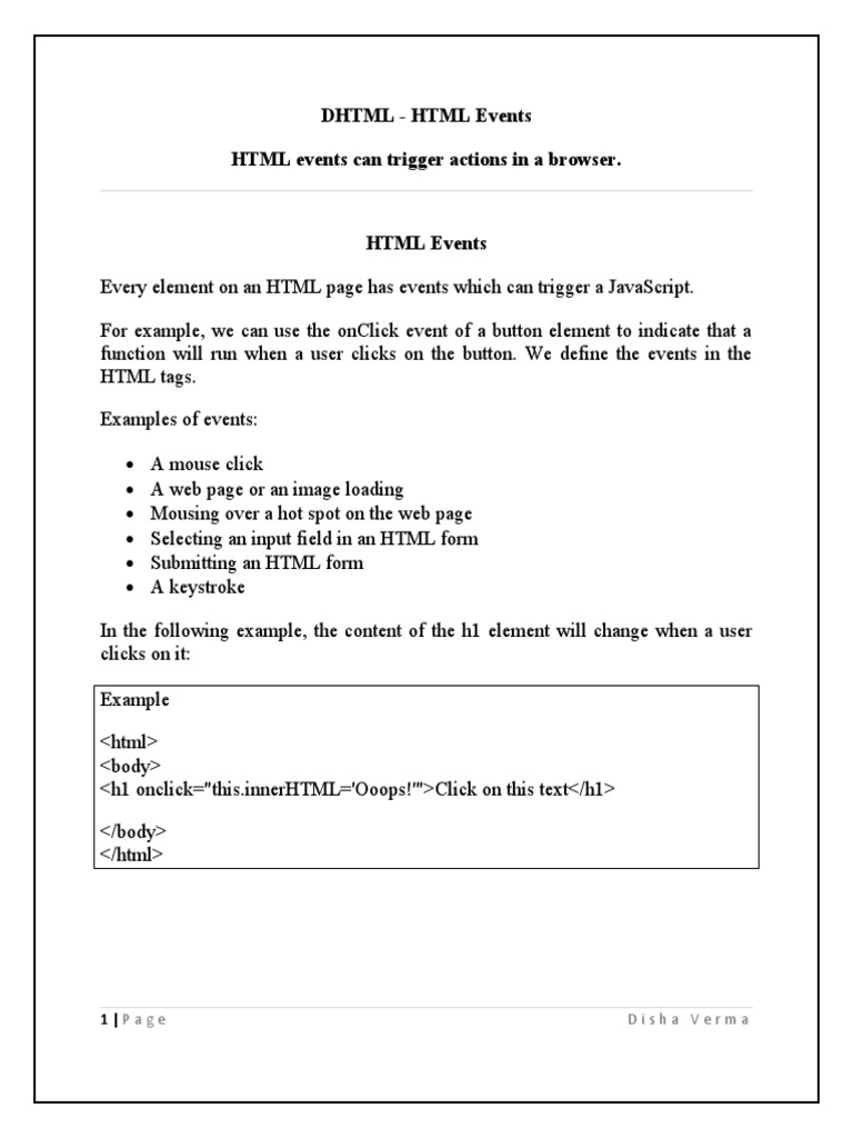 Dhtml Html Events Html Events Can Trigger Actions In A Browser Pdf Html Web Development 