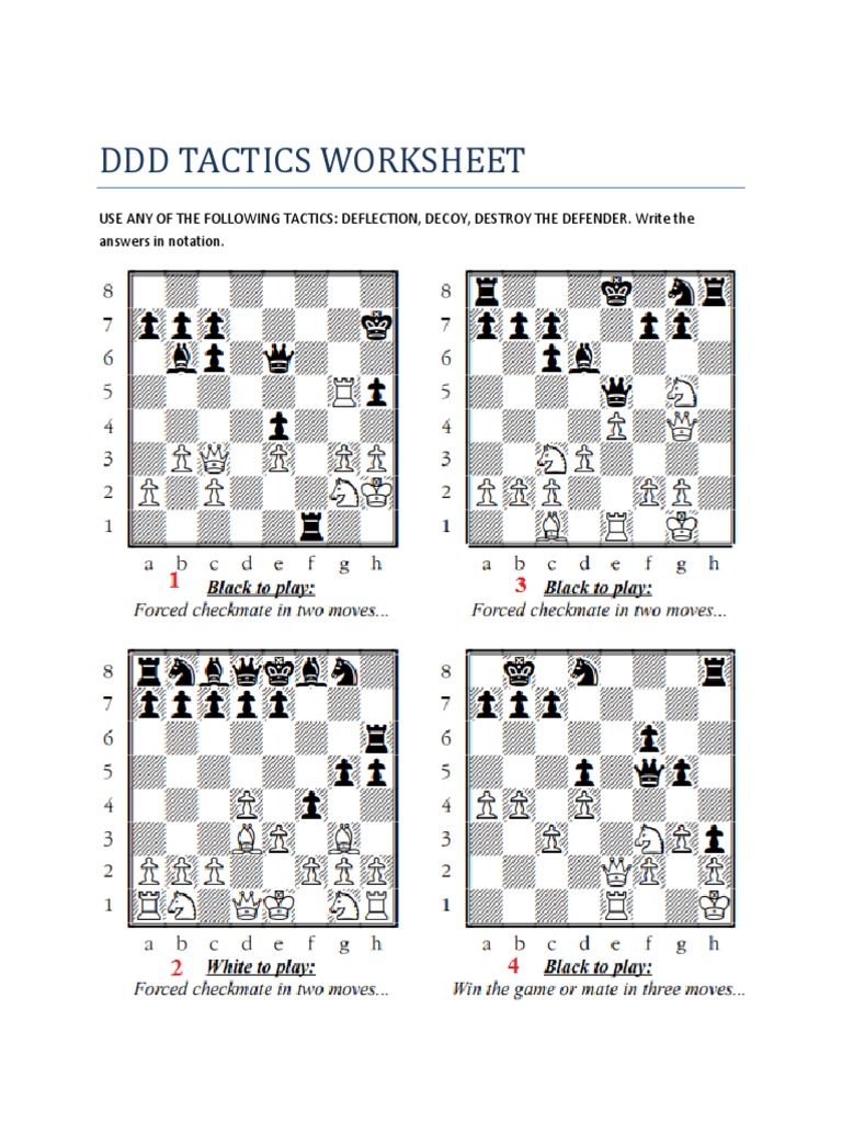 Deflection Decoy Destroy The Defender Worksheet - Chess Beginners | PDF