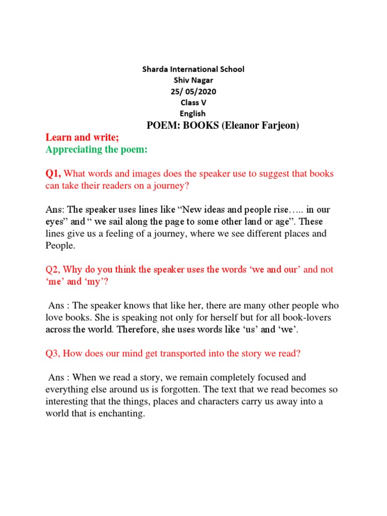 POEM: BOOKS (Eleanor Farjeon) : Learn and Write | PDF