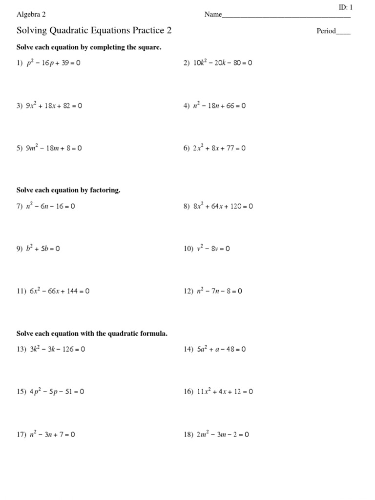 Algebra 2 - Solving Quadratic Equations Practice 2 | PDF | Elementary ...