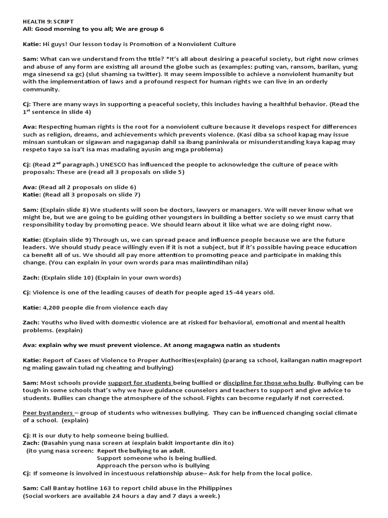 HEALTH 9 Script Final | PDF | Bullying | Violence