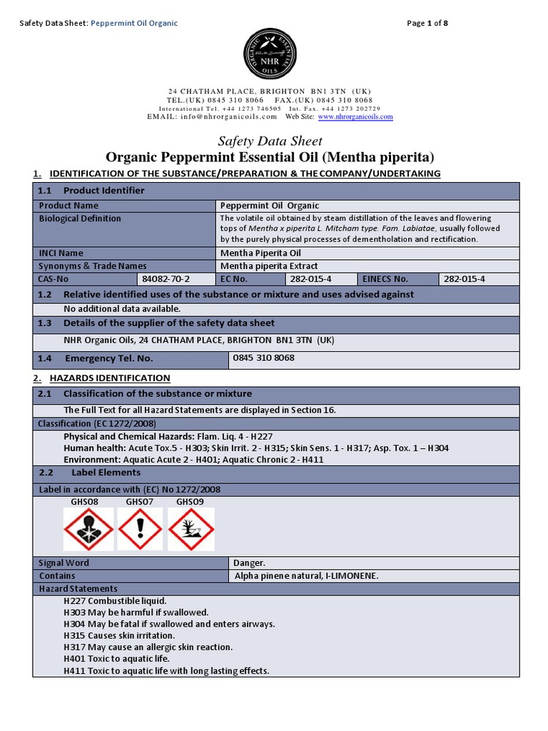 Organic Peppermint Essential Oil (Mentha Piperita) : Safety Data Sheet ...