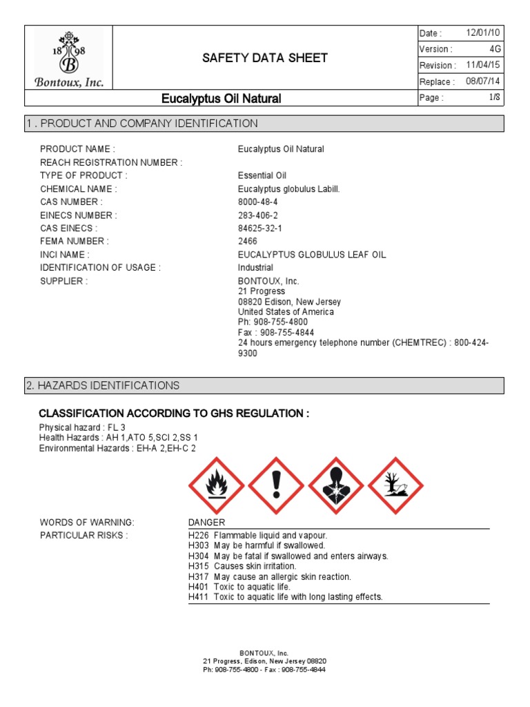 Eucalyptus Oil Natural: Safety Data Sheet | PDF | Dangerous Goods ...