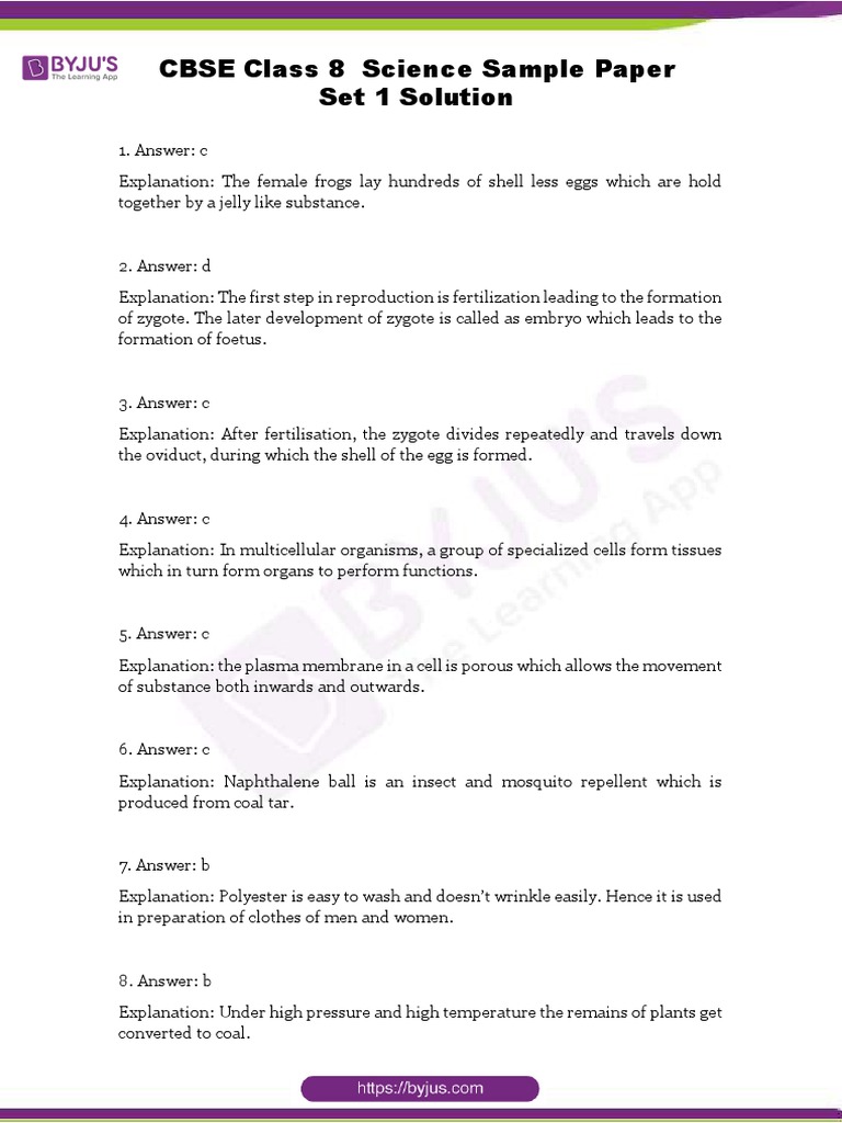 CBSE Class 8 Science Sample Paper Set 1 Solution | PDF | Combustion ...