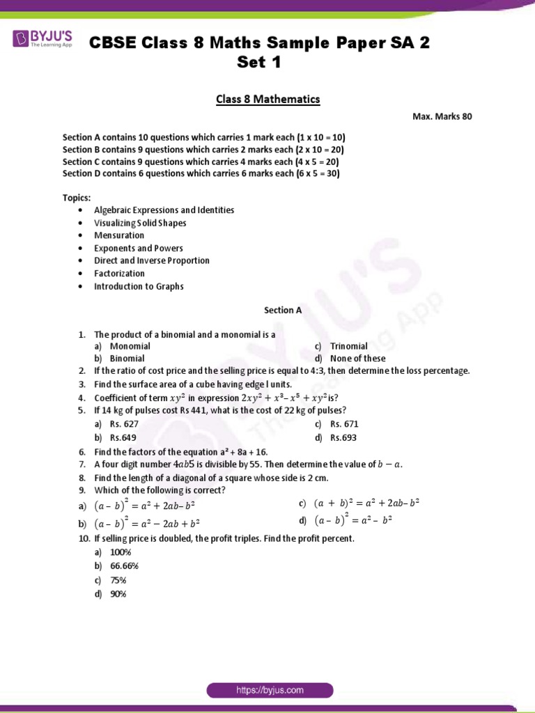 CBSE Class 8 Maths Sample Paper SA 2 Set 1 | PDF | Prices | Interest