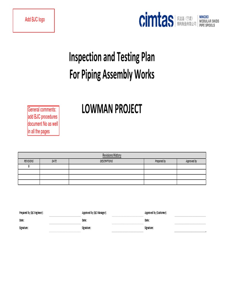 ITP Sample For Piping Assembly Works | PDF | Pipe (Fluid Conveyance) | Specification (Technical ...