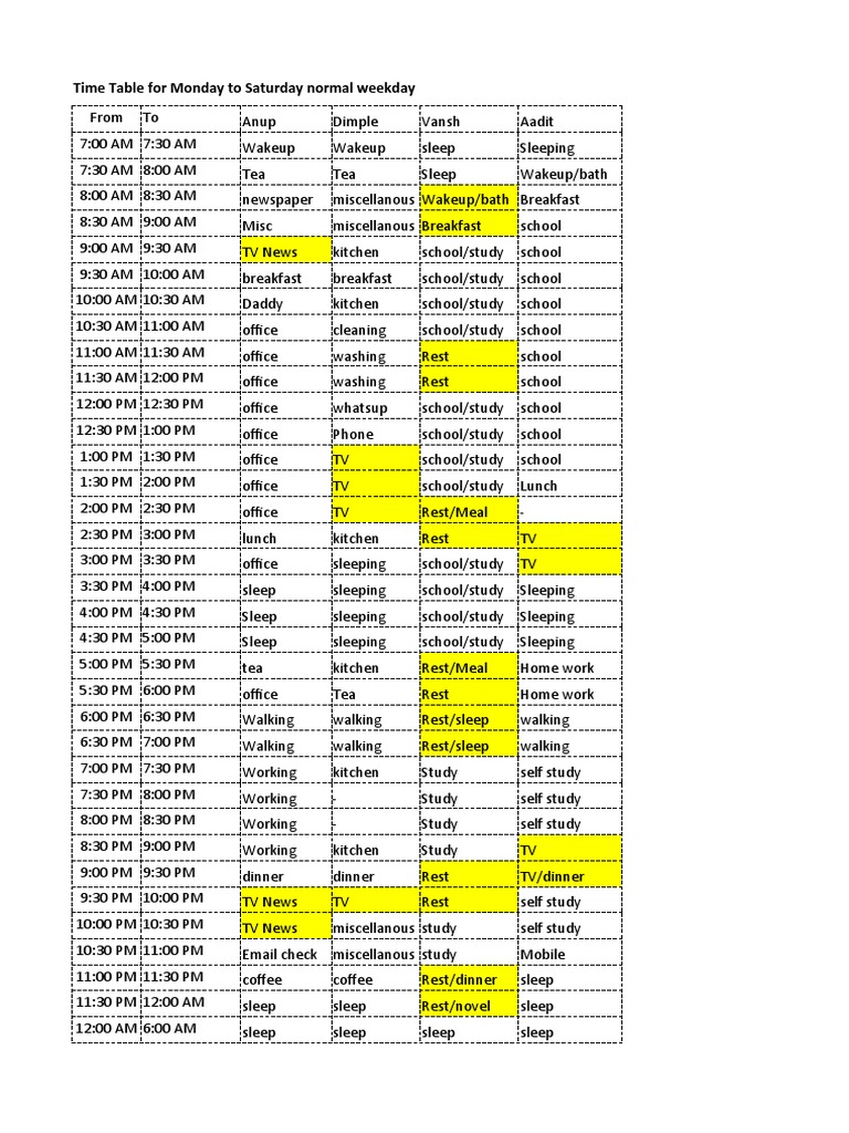 Time Table For Monday To Saturday Normal Weekday | PDF | Dinner | Lunch