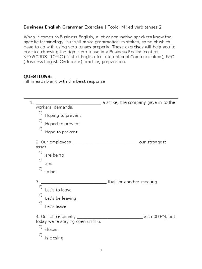 Business English Grammar Exercise: Choosing the Correct Verb Tense in ...