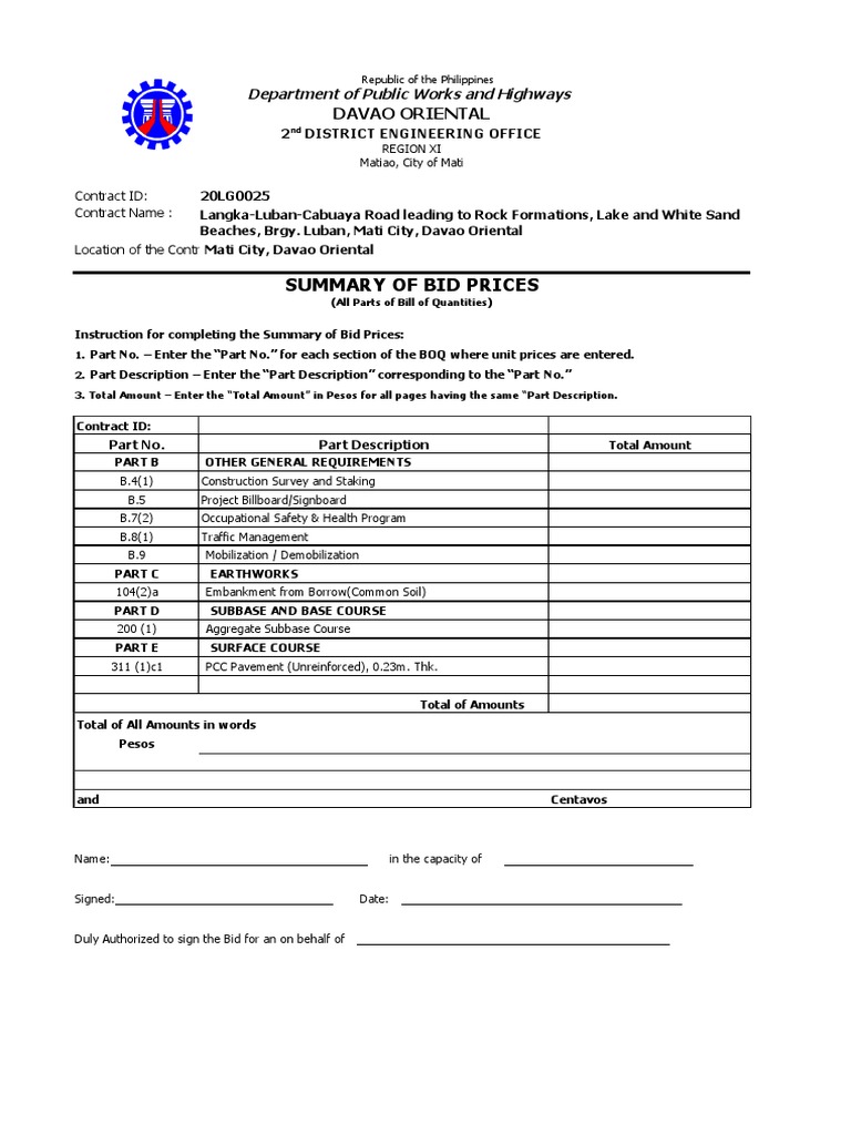 Bill of Quantities (Form DPWH-INFR-17 and 18) | PDF | Economic Sectors ...