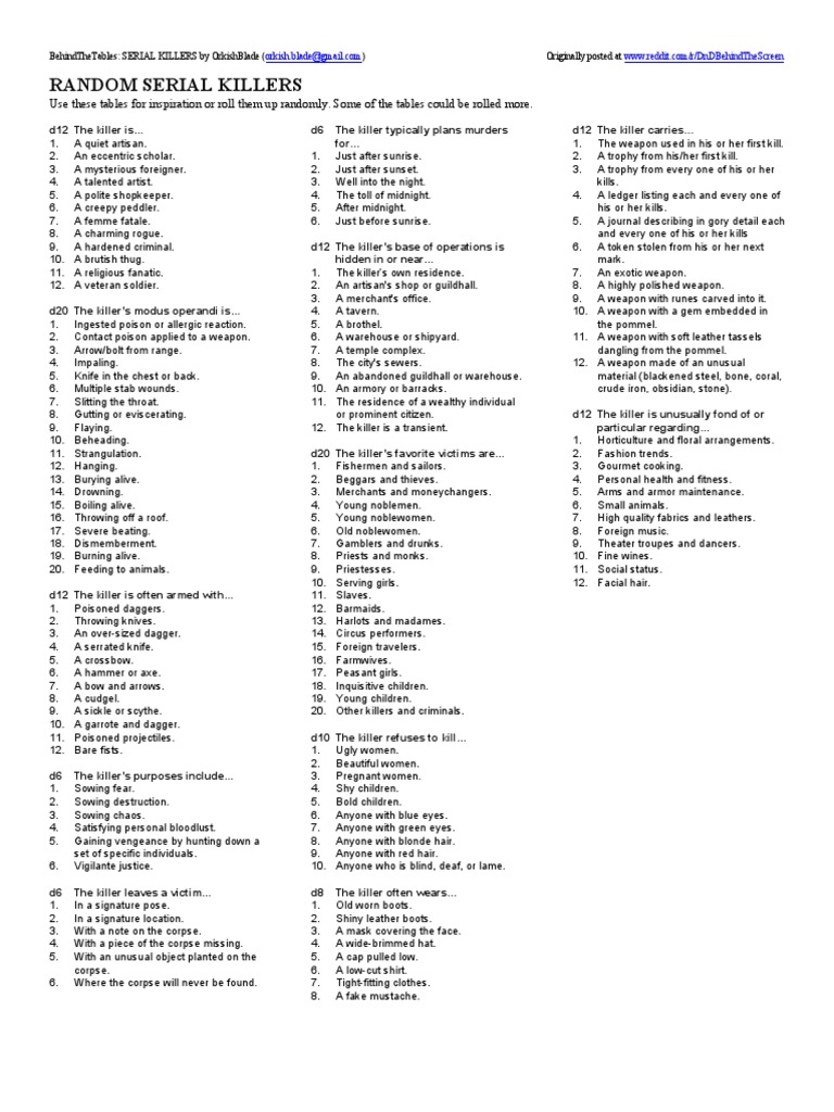 A Grisly Gallery of Serial Killers: Tables for Generating Disturbing ...