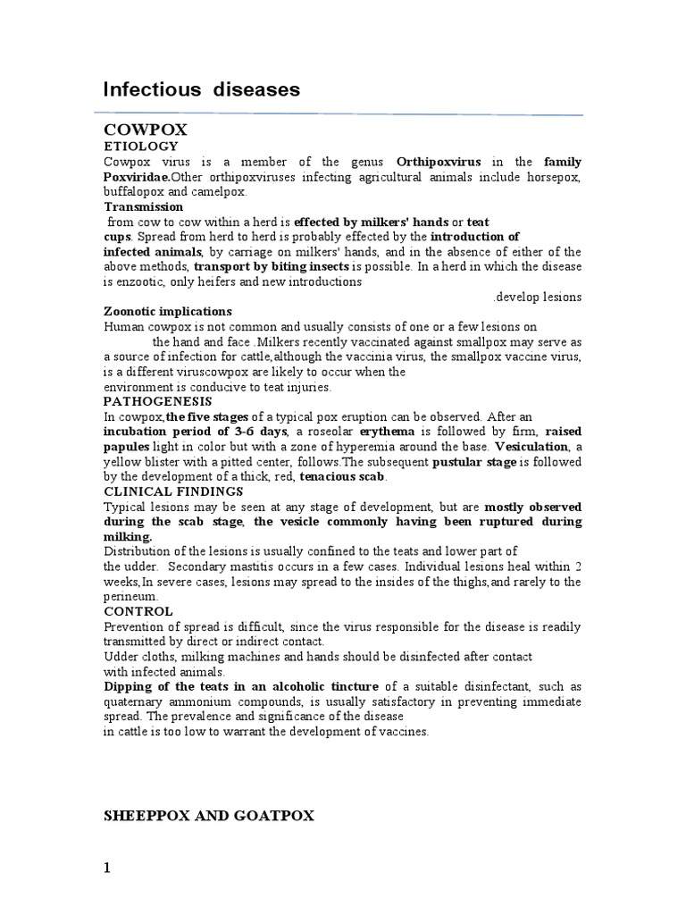Infectious Diseases: Cowpox | PDF | Infection | Veterinary Medicine