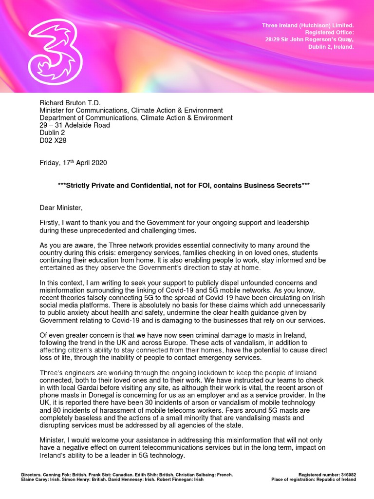 Three Ireland's Letter To Government About 5G/Covid-19 Conspiracies ...