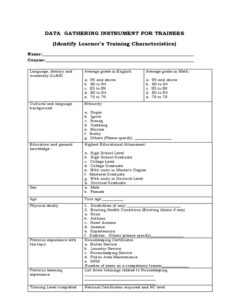 Sample DATA GATHERING INSTRUMENT FOR TRAINEES | Download Free PDF ...