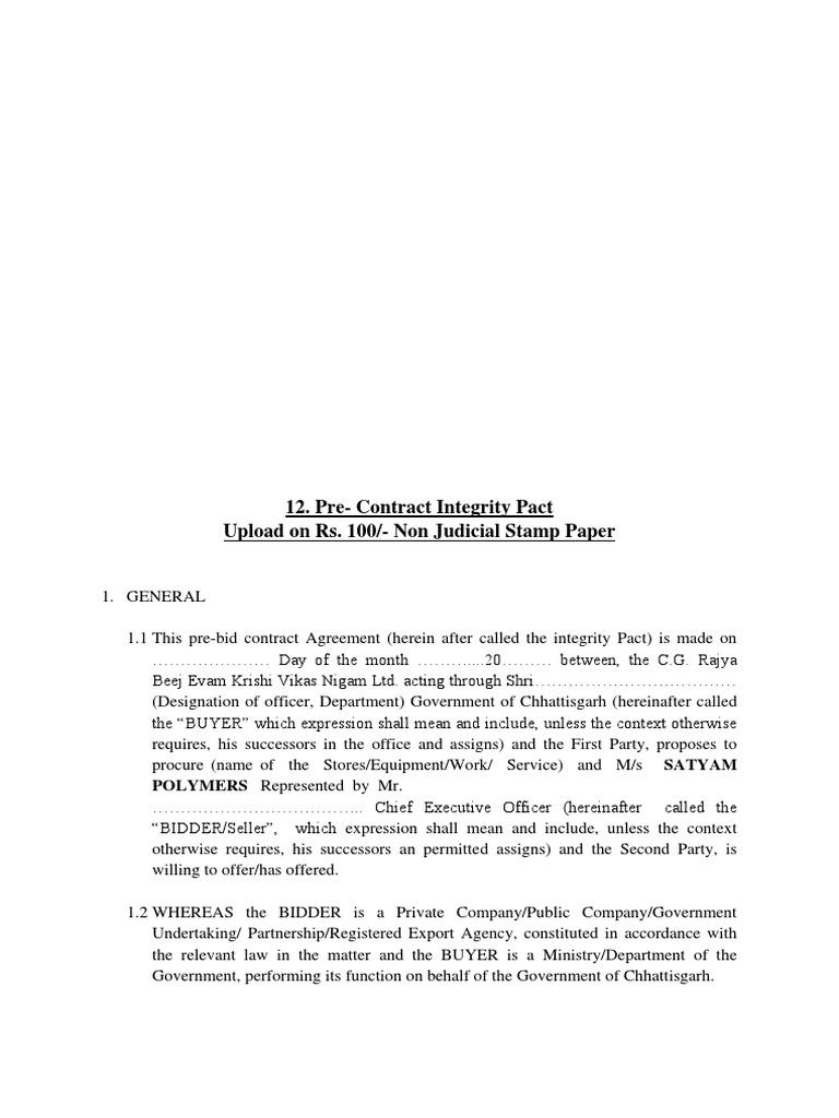 Pre-Contract Integrity Pact Upload On Rs. 100/ - Non Judicial Stamp ...