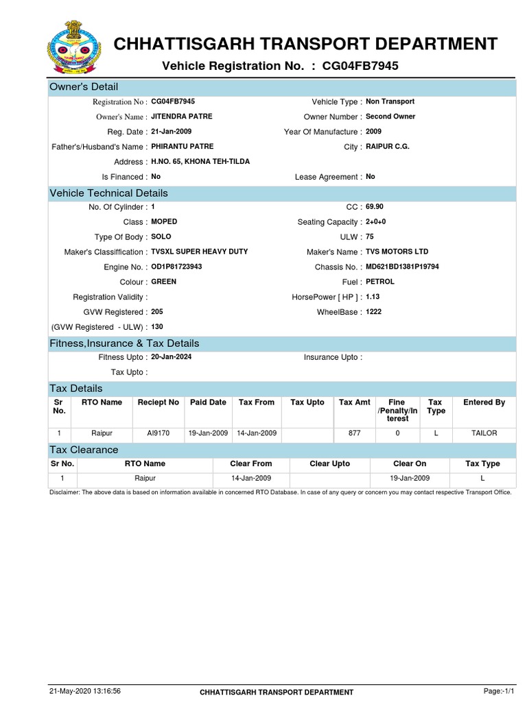 Chhattisgarh Transport Department: Vehicle Registration No.: CG04FB7945 ...