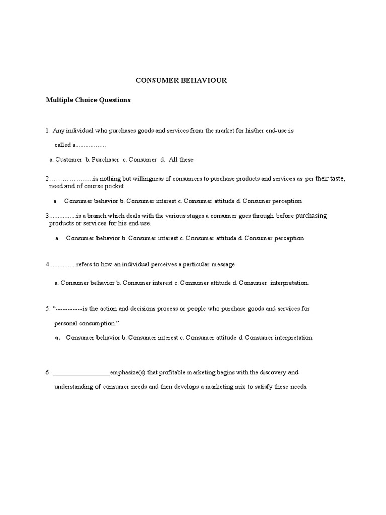 Consumer Behaviour Multiple Choice Questions: Their Taste, Need and of ...