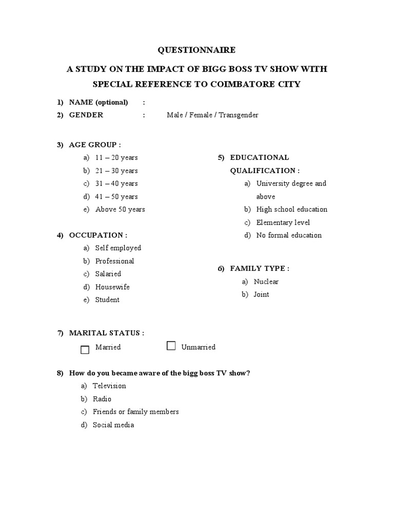 Bigg Boss TV Show Survey Questionnaire | PDF | Behavioural Sciences ...