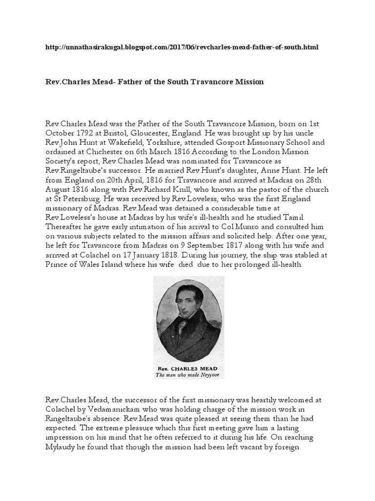 Rev - Charles Mead-Father of The South Travancore Mission | PDF ...