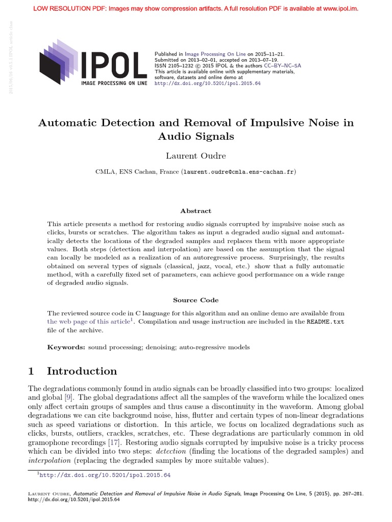 Automatic Detection and Removal of Impulsive Noise in Audio Signals | PDF | Sampling (Signal ...
