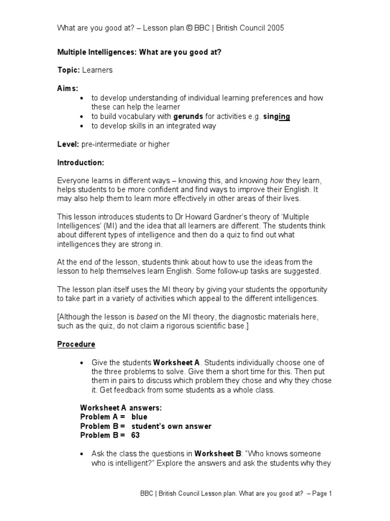 Multiple Intelligences: What Are You Good At? Topic: Learners Aims | PDF | Lesson Plan | Learning