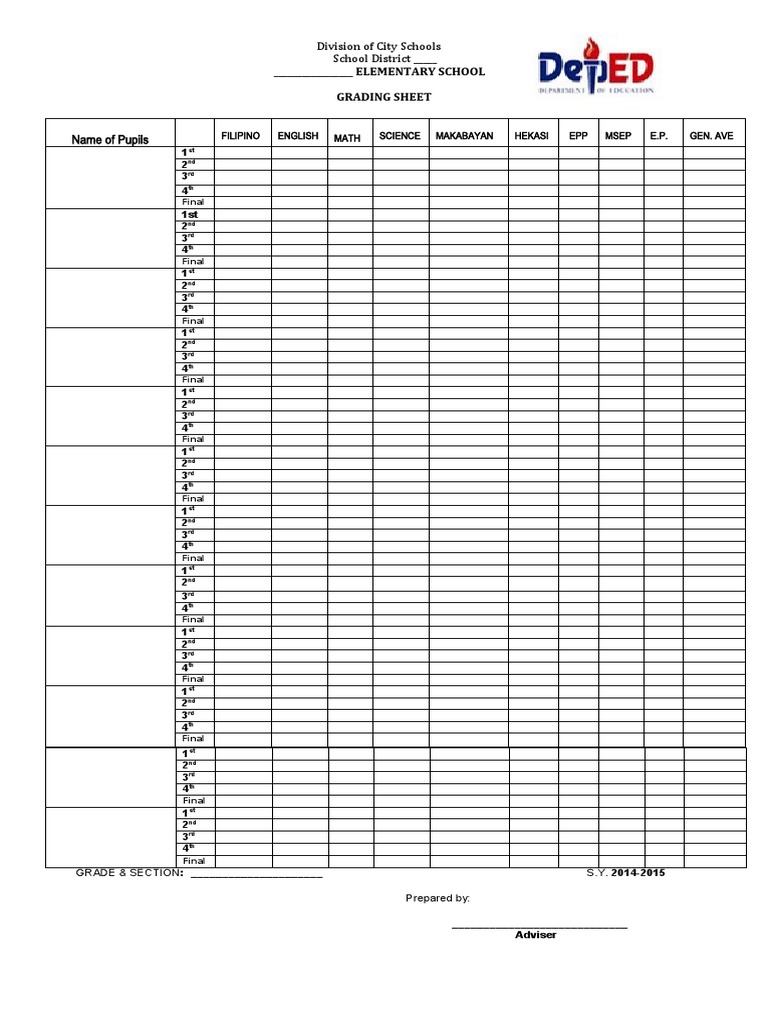Elementary School Grading Sheet | PDF