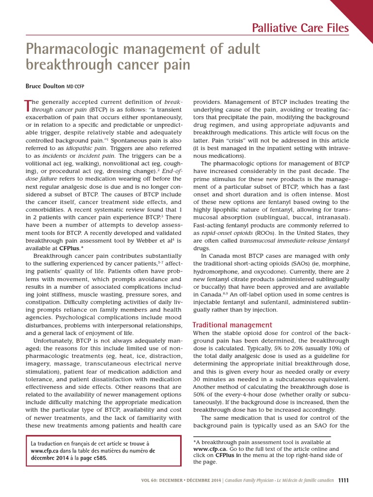 Pharmacologic Management of Adult Breakthrough Cancer Pain: Palliative ...