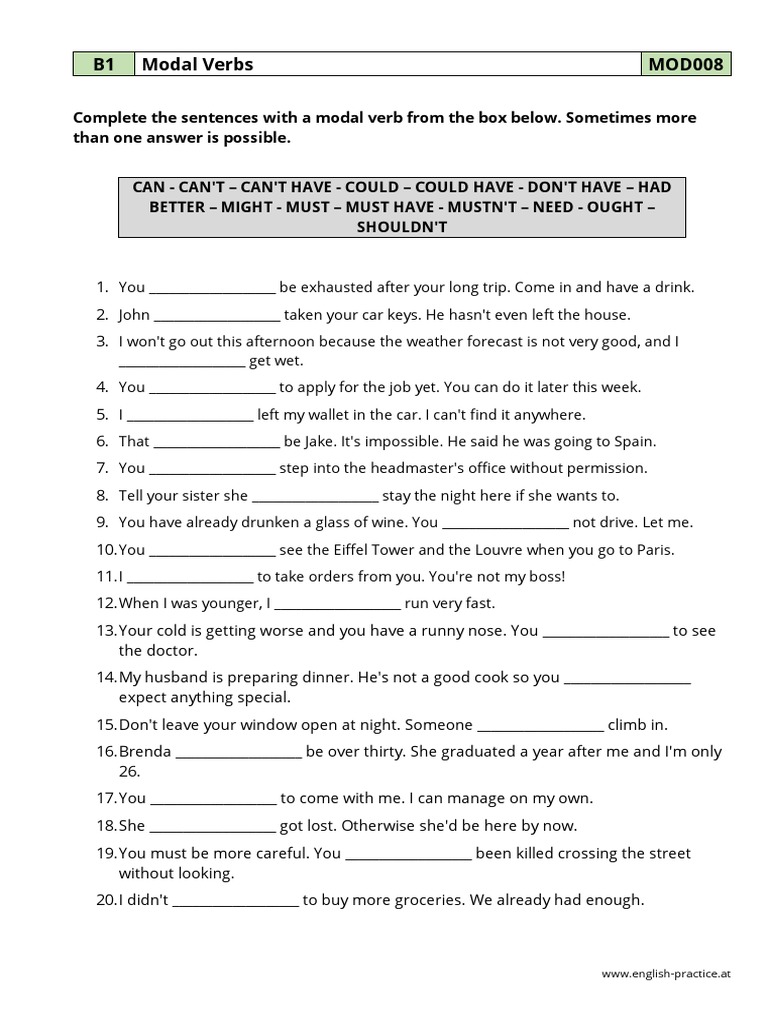 B1 Modal Verbs MOD008: WWW - English-Practice - at | PDF | Linguistic ...
