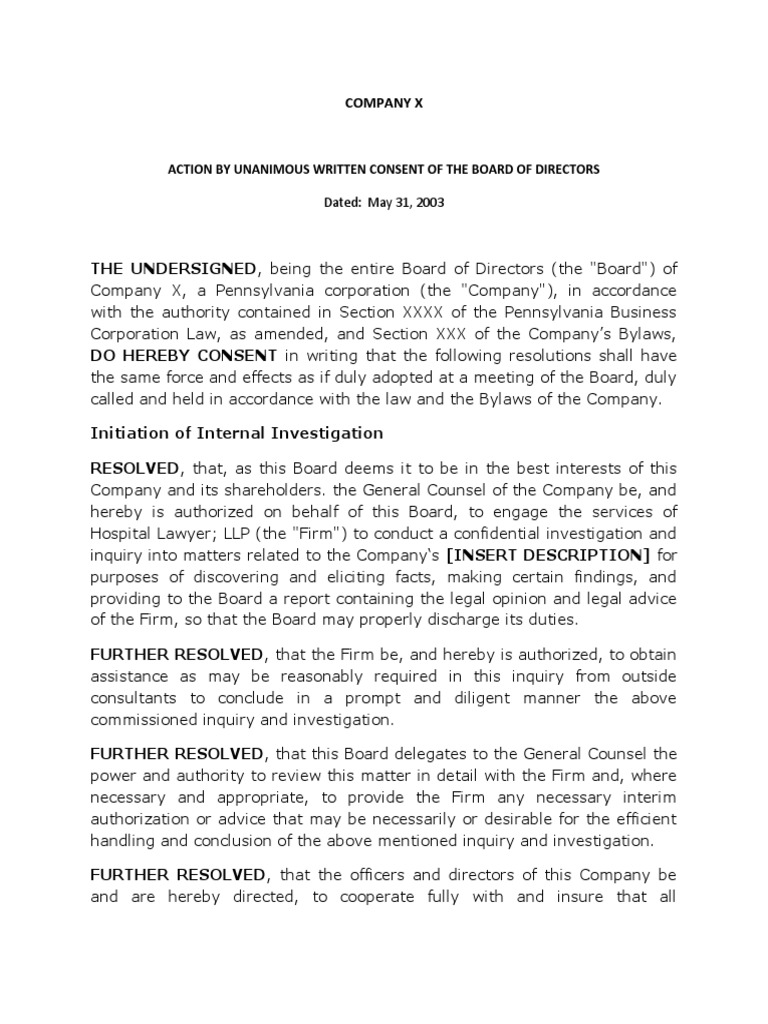 Action by Unanimous Written Consent of The Board of Directors | PDF ...